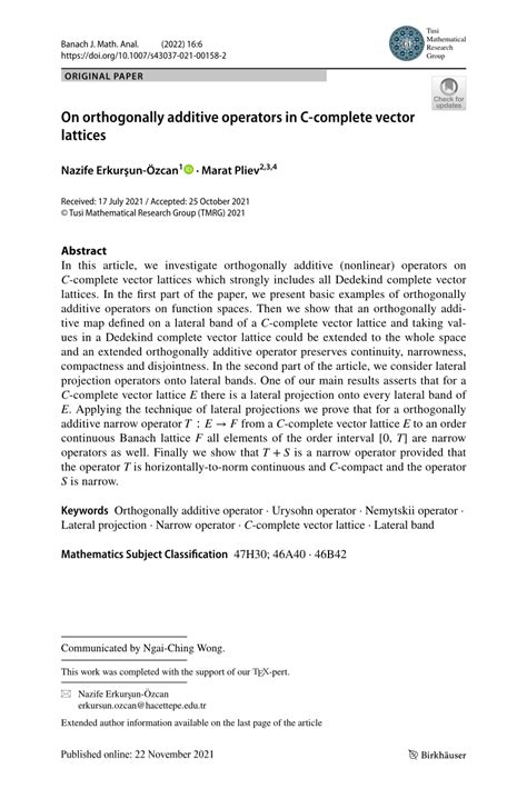 Pdf On Orthogonally Additive Operators In C Complete Vector Lattices