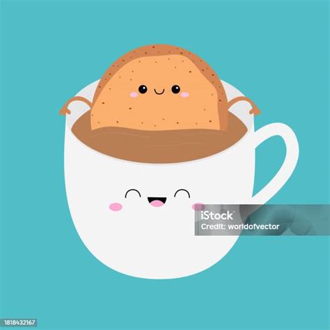 커피 머그잔에 목욕을 하는 쿠키 쿠키와 컵 귀여운 얼굴 세트 분홍색 뺨 눈 입 카와이 재미있는 음식 캐릭터 미소 짓는 맛있는