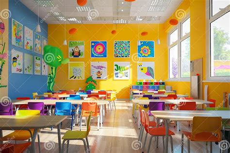 A Classroom Filled With Brightly Colored Tables And Chairs Creating A Cheerful And Stimulating