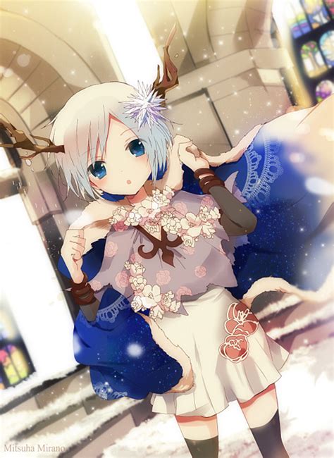 Safebooru 1girl Antlers Black Legwear Blue Eyes Capelet Dutch Angle