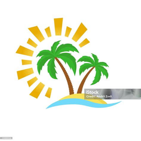 태양과 모래 해변에 열대 야자수 섬 여름 방학 로고 디자인 벡터 일러스트레이션 계절에 대한 스톡 벡터 아트 및 기타 이미지 계절 관광 리조트 금색 Istock