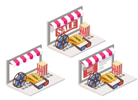 시네마 온라인 D 아이소메트릭 벡터 일러스트 레이 션 프리미엄 벡터