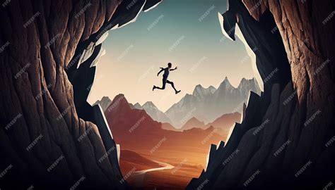 Premium Photo Man Jump Through Gaps Between Hills Ai Generated Image