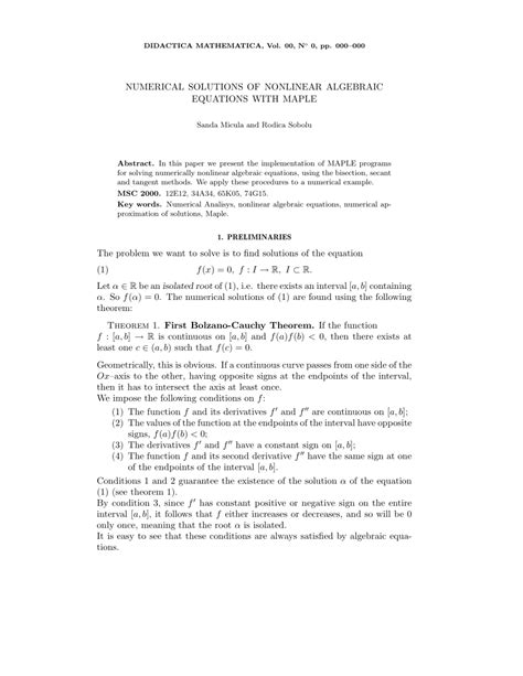 Pdf Numerical Solutions Of Nonlinear Algebraic Equations With Maple