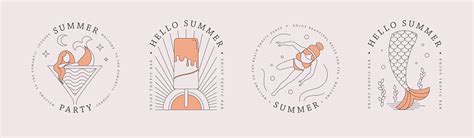 수영 소녀 코스모 폴리탄 칵테일 인어 및 아이스크림이있는 라인 아트 여름 아이콘 세트 여름 포스터 세트입니다 벡터 일러스트 레이 션 개념에 대한 스톡 벡터 아트 및 기타