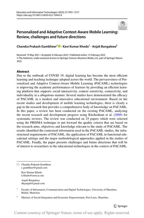 Personalized And Adaptive Context Aware Mobile Learning Review