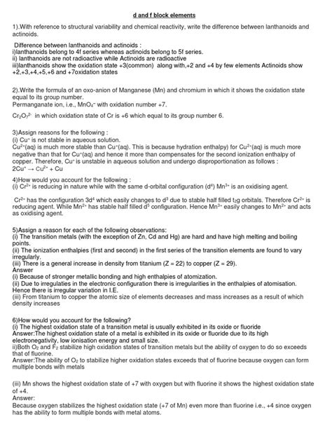 D And F Block Elements Previous Year Questions Pdf Transition