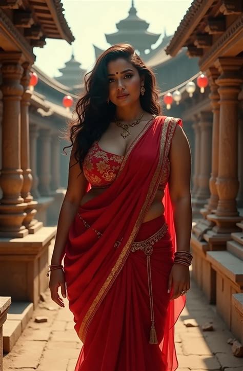 Thick Hindu Women With Red Saree In An Ancient Hindu Marketplace