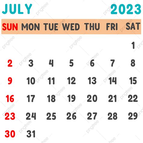 تصميم بسيط لتقويم يوليو 2023 يوليو 2023 التقويم 2023 شهر يوليو Png