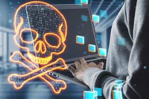Premium Photo Side View Of Hacker Using Laptop With Glowing Digital Binary Code Skull On
