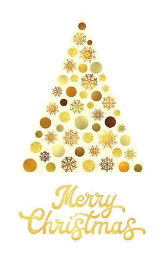 노란색 배경에 골드 반짝이 질감 손 문자 디자인 흰색 배경에 고립 된 크리스마스 트리 황금 원과 눈송이와 함께 Xmas 카드 계절 인사말 벡터 글꼴 그림 금 금속에 대한