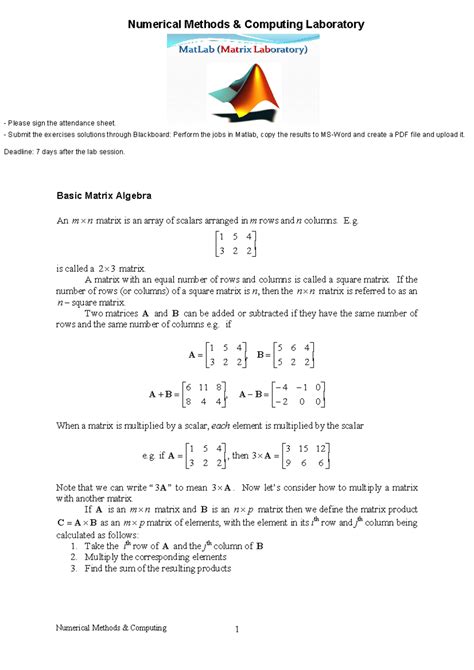 Numerical Methods Lab Questions Numerical Methods And Computing Laboratory Basic Matrix Algebra