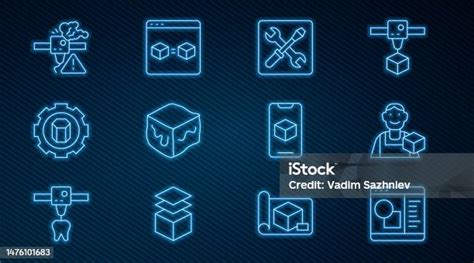 라인 3d 프린터 소프트웨어 그래픽 디자이너 설정 아이소 메트릭 큐브 경고 및 완벽한 복사 아이콘을 설정합니다 벡터 3차원 형태에 대한 스톡 벡터 아트 및 기타 이미지