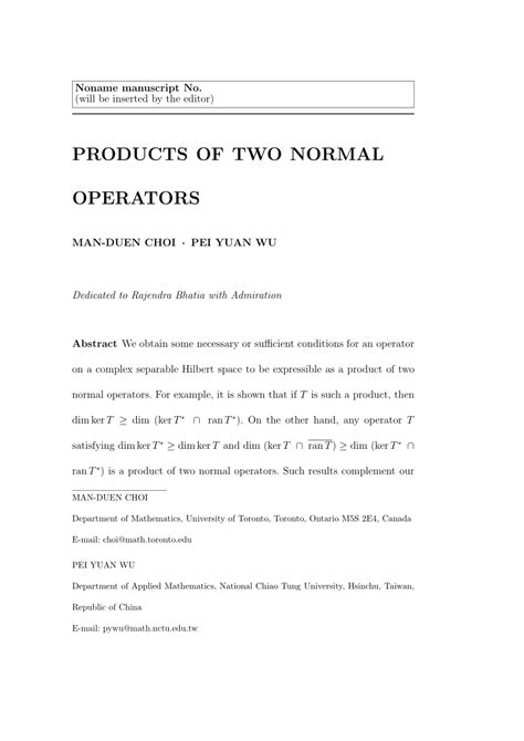 Pdf Products Of Two Normal Operators