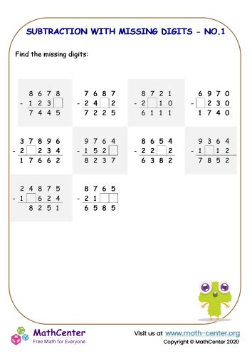 Free Subtraction Worksheet Missing Digits Download Free Subtraction Worksheet Missing Digits