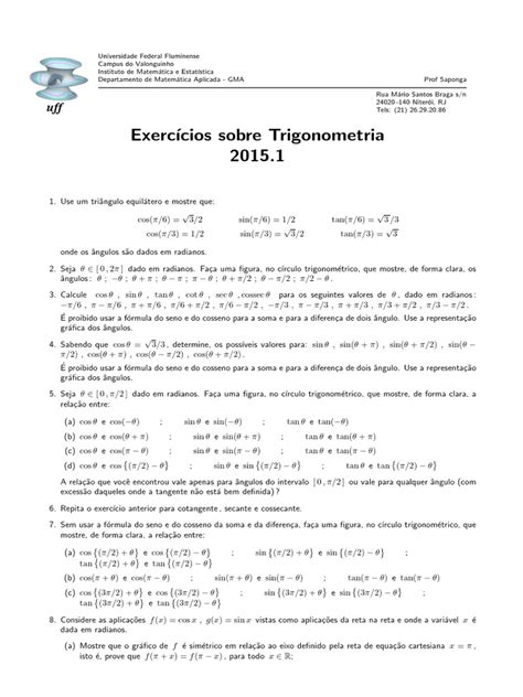 Lista Trigonometria Pdf Trigonometria Sistema De Coordenada