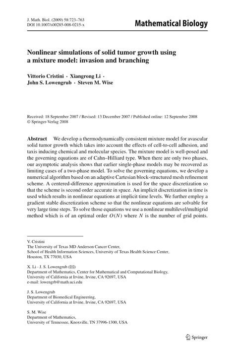 Pdf Nonlinear Simulations Of Solid Tumor Growth Using A Mixture Model