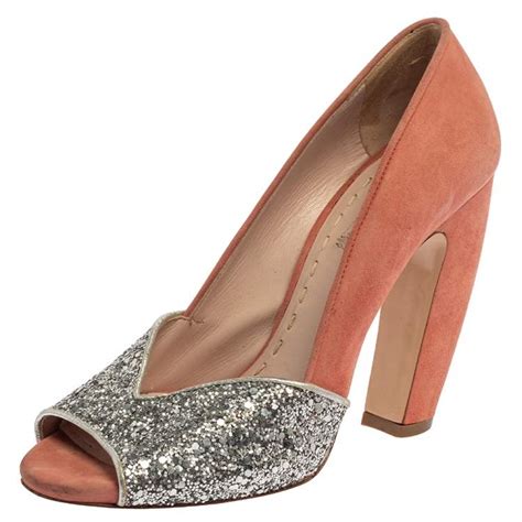 Miu Miu Silverpink Coarse Glitter And Suede Peep Toe Pumps Size 37 Miu
