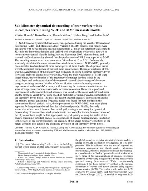 Pdf Sub Kilometer Dynamical Downscaling Of Near Surface Winds In Complex Terrain Using Wrf And