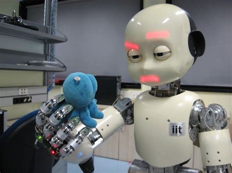 The Icub Humanoid Robot 16 Inquisitively Gazing At A Toy Octopus