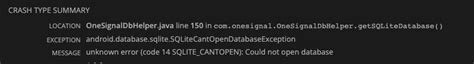 android database sqlite sqlitecantopendatabaseexception · issue 1471 · onesignal onesignal