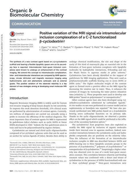 Pdf Positive Variation Of The Mri Signal Via Intramolecular Inclusion Complexation Of A C 2