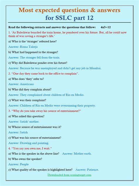 Most Expected Questions And Answers For Sslc Part 12 Pdf