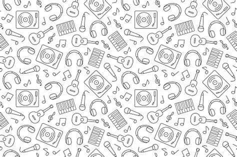 원활한 음악 패턴 헤드폰 음악 노트 기타 그램 폰 마이크 및 피아노 건반 포장 섬유 벽지 인사말 카드 벡터 일러스트 레이 션에 적합 질감에 대한 스톡 벡터 아트 및 기타