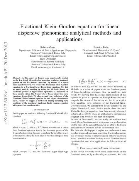 Pdf Fractional Klein Gordon Equation For Linear Dispersive Phenomena Analytical Methods And
