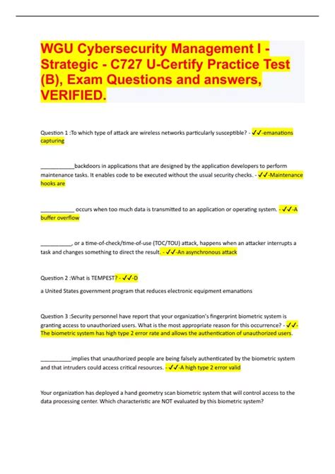 Wgu Cybersecurity Management I Strategic C727 U Certify Practice Test B Exam Questions