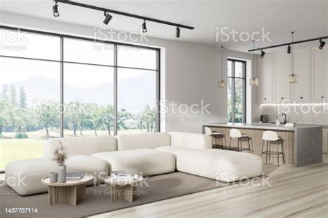 파노라마 창문이 있는 휴식과 요리 공간이 있는 가벼운 스튜디오 인테리어 0명에 대한 스톡 사진 및 기타 이미지 0명 3차원