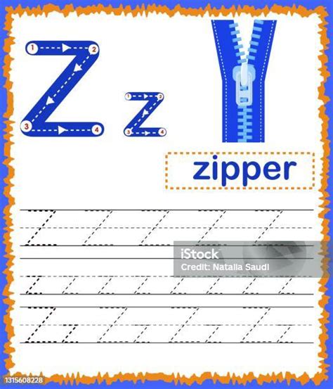 아이들을위한 만화 어휘와 운동의 벡터 그림 다채로운 문자 Z 어퍼 케이스와 소문자 알파벳 Az 추적 및 매일 인쇄 쓰기 필기