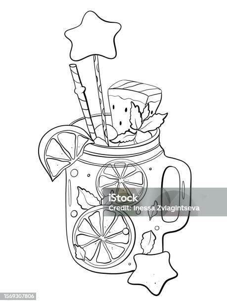 등고선 그림 만화 스케치 메뉴 레모네이드 레시피 음료 감귤류 민트와 수박 광고 디자인 요소 색칠 공부 스티커와 함께 여름 알코올 칵테일 색칠놀이 책에 대한 스톡 벡터 아트