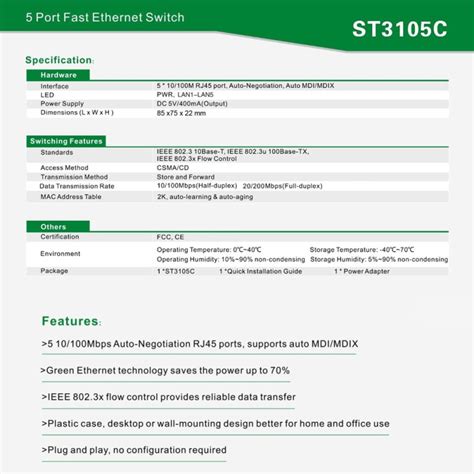 Netis St3105c 5 Port Rj45 100m Fast Ethernet Switch
