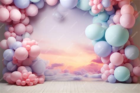레인보우 사진 배경에 풍선 파란색 배경에 파스텔 인공지능 생성 이미지 프리미엄 사진