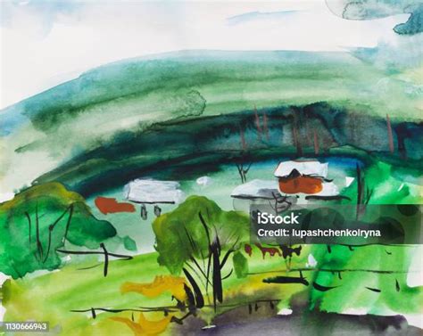 세련 된 일러스트 현대 작품 종이 인상파 수평 시골 봄 풍경 Glade 녹색 나무와 산 거리에 작은 집에 내 원래 수채화 그림 수채화에 대한 스톡 벡터 아트 및 기타 이미지