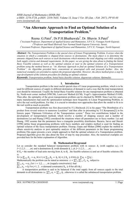 An Alternate Approach To Find An Optimal Solution Of A Transportation Problem” Pdf