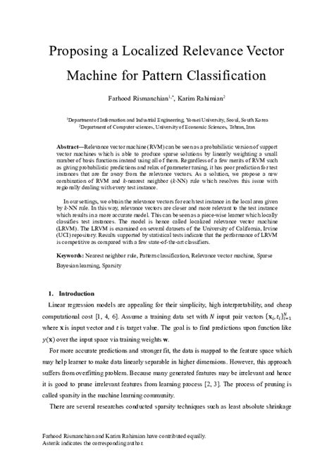 Pdf Proposing A Localized Relevance Vector Machine For Pattern Classification