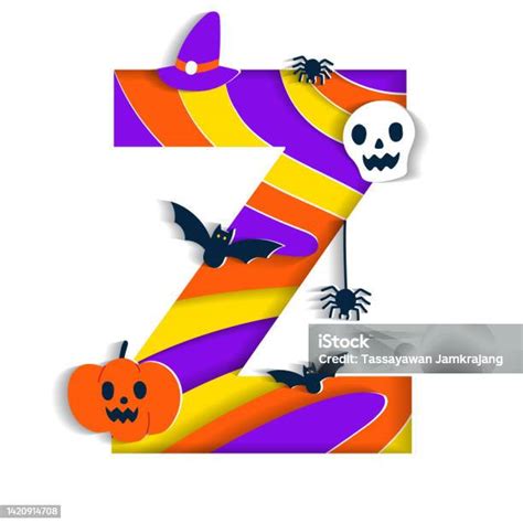 해피 할로윈 Z 알파벳 파티 글꼴 타이포그래피 캐릭터 만화 화려한 3d 레이어 종이 컷 아웃 유형 디자인 축하 벡터 일러스트 레이 션 해골 호박 박쥐 마녀 모자 스파이더