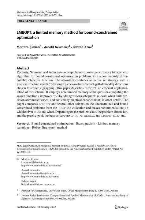 Pdf Lmbopt A Limited Memory Method For Bound Constrained Optimization