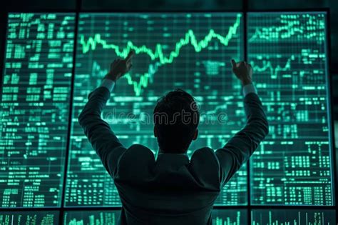 stockbroker analyzing data on multiple computer screens in office at