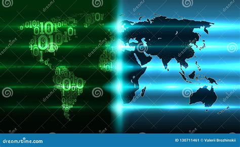 Map Earth Continents From A Binary Code With A Background Of Abstract Circuit Boards Digital