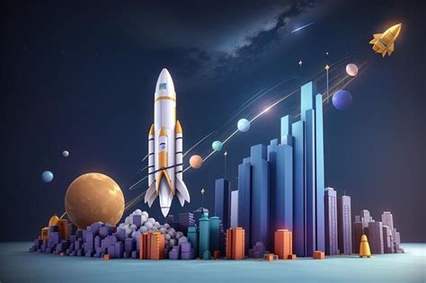 Premium Ai Image 3d Render Business Graph Bar Chart With Flying Space Rocket Concept Space For