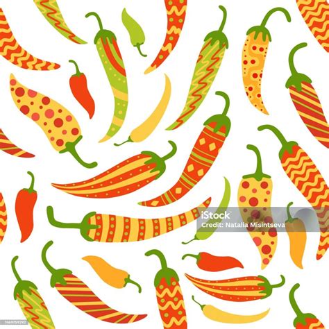 매운 고추 고추 요리 칠리 패턴입니다 다양한 기하학적 프린트 카이엔 식품 포장 장식 부드럽고 귀여운 색상 주방 식물 포장지 벡터 원활한 요즘 배경 건강한 식생활에 대한 스톡