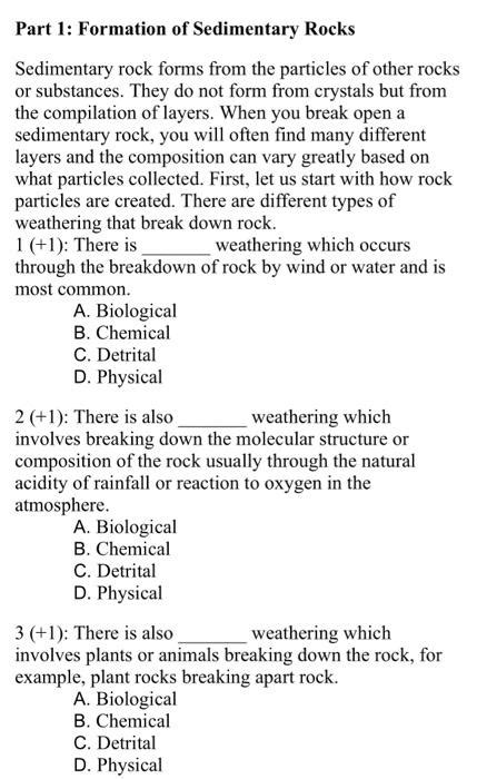 Solved Part 1 Formation Of Sedimentary Rocks Sedimentary