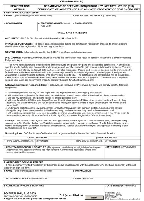 Dd Form 2841 Dod Public Key Infrastructure Pki Registration