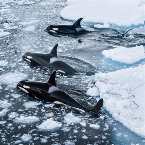 Three Orcas Swim Through Icy Water In Antarctica Premium Ai Generated Image