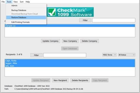How To Restore Database Using The Restore Database Command In Checkmark 1099 Software