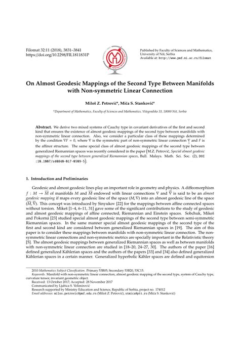 Pdf On Almost Geodesic Mappings Of The Second Type Between Manifolds