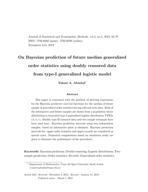 Pdf On Bayesian Prediction Of Future Median Generalized Order Statistics Using Doubly Censored